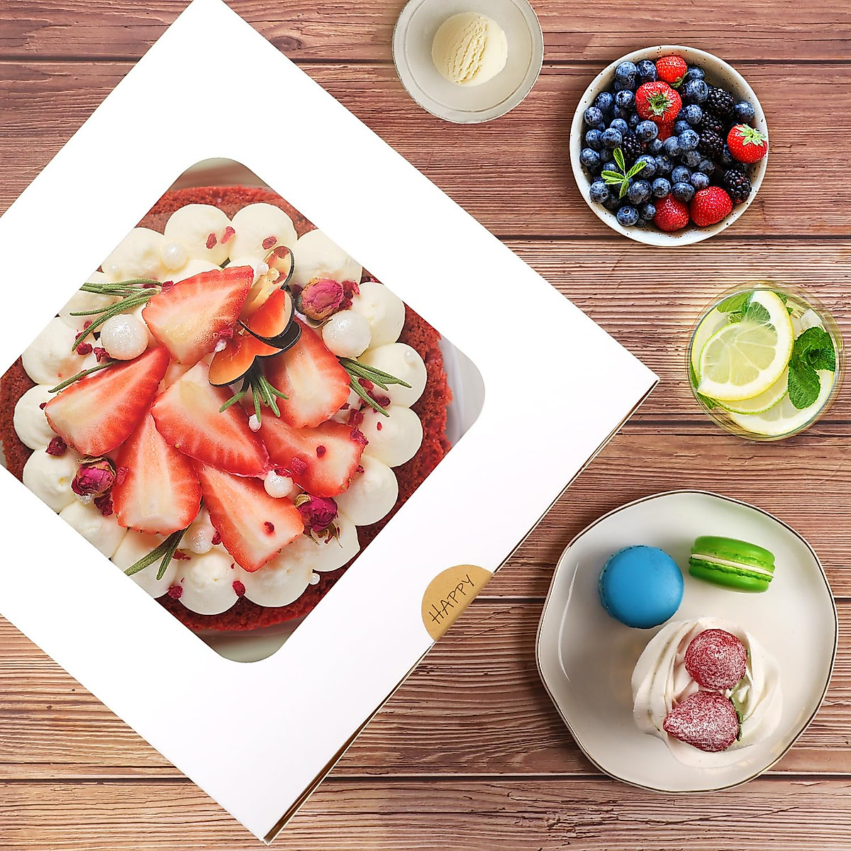 Moretoes 15 Sets Cake Boxes, 10x10x5 Inches Bakery Boxes with Cake Boards, Cake Boxes 10 Inch with Stickers Disposable Cake Containers with Lids for Valentine's Day Mother's Day Cheesecake, Cakes