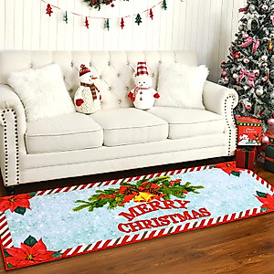 junovo 2 x 6ft Christmas Area Rug Runner Merry Christmas Poinsettia Indoor Rug for Xmas Holiday Decoration, Non-Slip Festive Christmas Carpet Red Flower Door Mat for Fireplace Bedroom Living Room