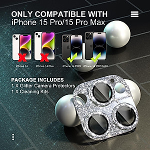 Choiche Compatible for iPhone 15 Pro/iPhone 15 Pro Max Camera Lens Protector, Bling Camera Cover with 9H Tempered Glass Lens Screen Protector Metal Ring Decoration Accessories (Glitter-Silver)