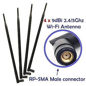4 pcs of Universal 9dBi Wi-Fi 2.4/5GHz Dual-Band RP-SMA Male Antennas Extension for IP Wireless Security Camera Router and CCTV HD Wireless Camera System Video Antenna for NVR Security IP System