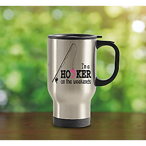 SpreadPassion Fishing Travel Mug, Fishing Coffee Travel Mug, Fishing Tumbler, Fishing Gift, Hooker on the Weekends Mug, Fishing Insulated Tumblers Mug, Fishing Camping Birthday Gift