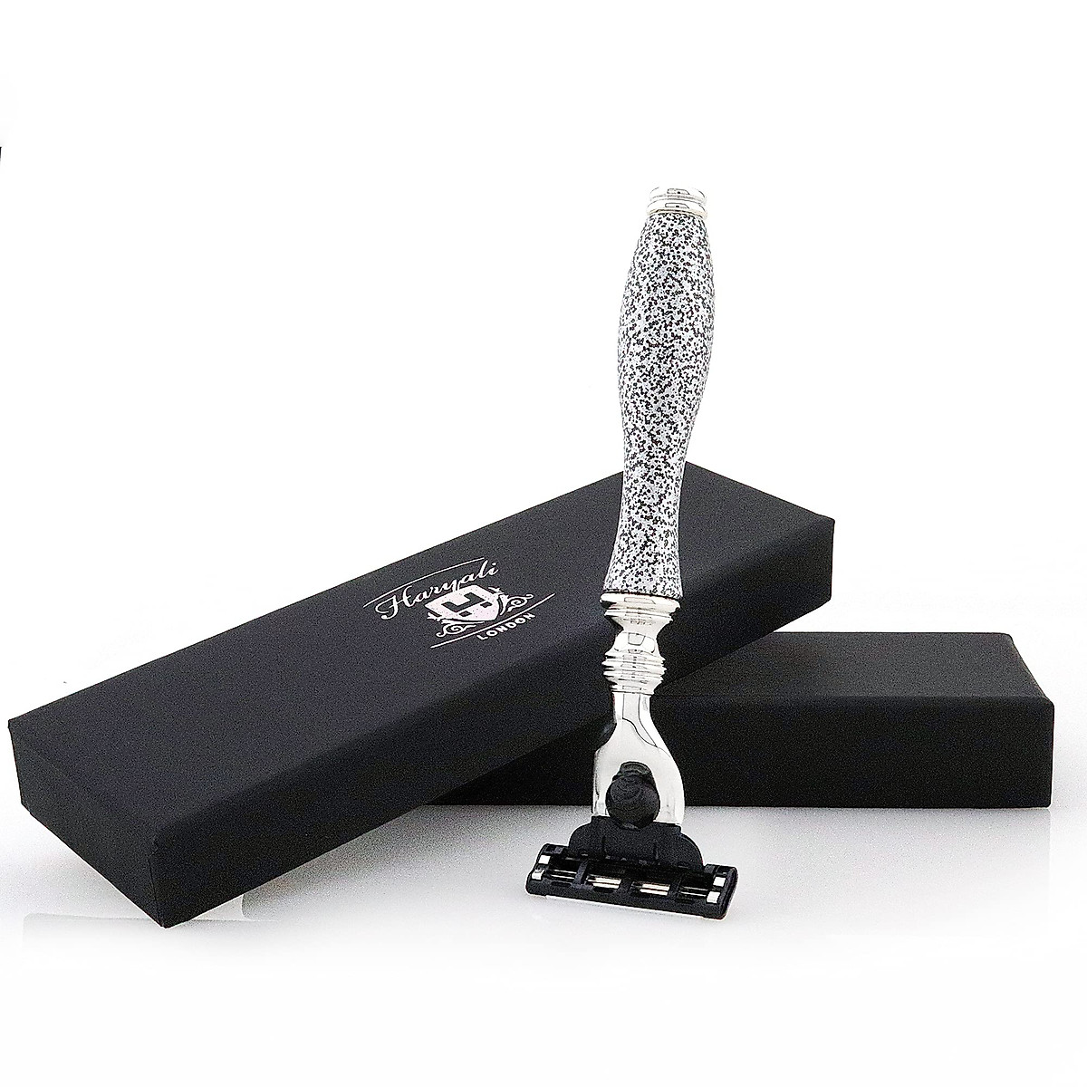 Haryali London 3 Edge Shaving Razor Handmade Silver Antique Design Handle Beard and Mustache Safety Razor For Men Perfect Shave