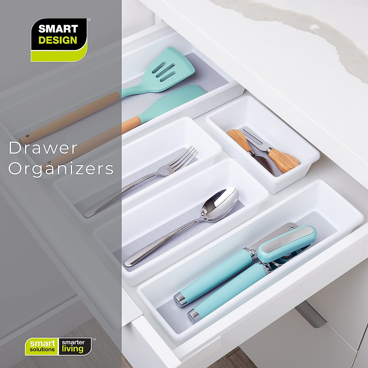 Smart Design Plastic Drawer Organizer - 5 Compartment - Non-Slip Lining and Feet - BPA Free - Utensils, Flatware, Office, Personal Care, or Makeup Storage - Kitchen - White with Gray