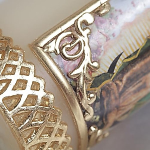 Small Our Lady of Guadalupe Devotional Candle with Gold Toned Wax Details, 4 ¾ Inches