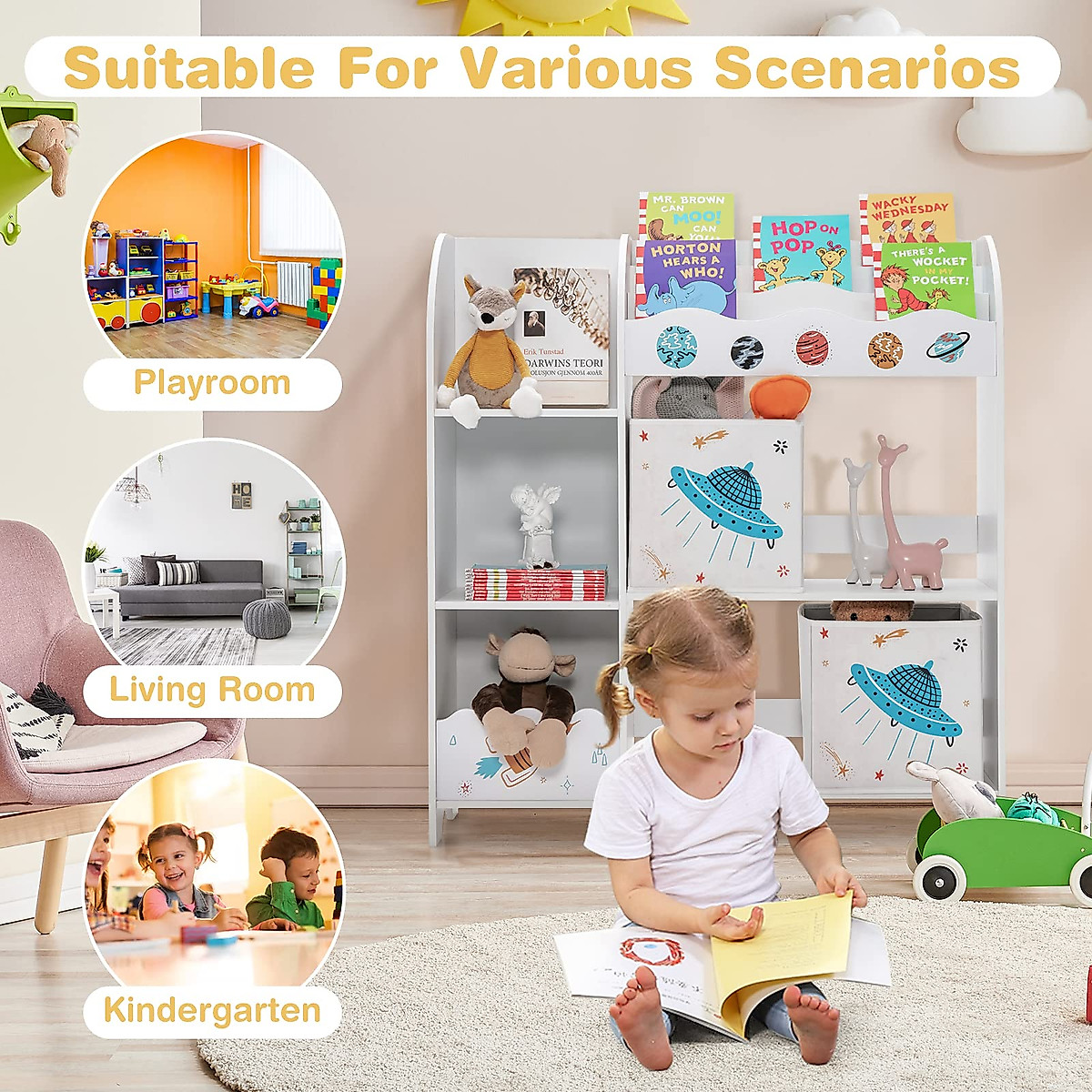 HONEY JOY Kids Toy Storage Organizer, Wooden Storage Unit with 2 Storage Boxes, Toddler Storage Display Bookshelf Daycare Furniture for Playroom, Children’s Room, Living Room(Planet)