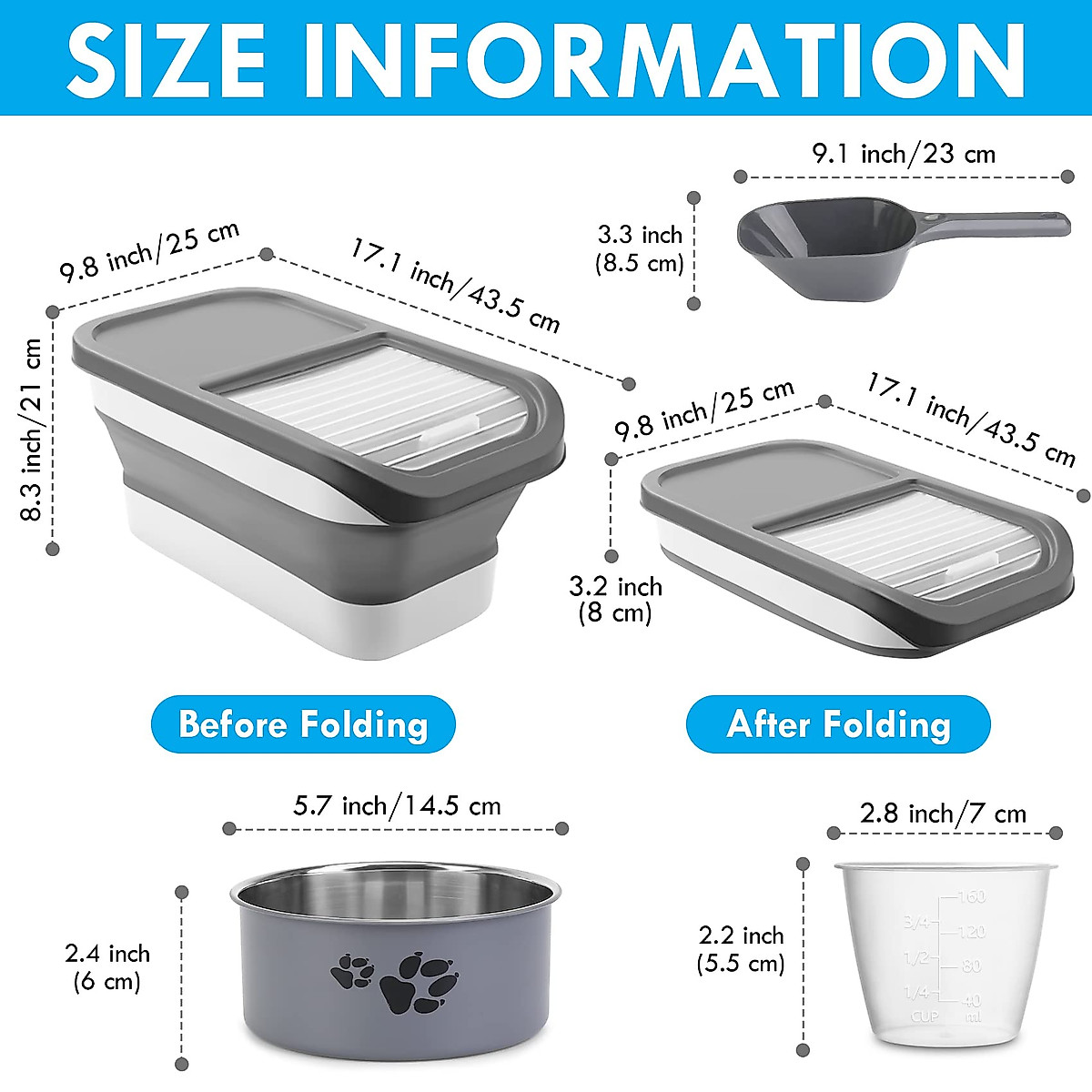 Micnaron Dog Food Storage Container, 13 LB Collapsible Pet Food Container Airtight Food Storage Bin with Lids Locking Bowl Kitchen Cereal Rice Dry Holder with Bowl & Shovel & Measuring Cup