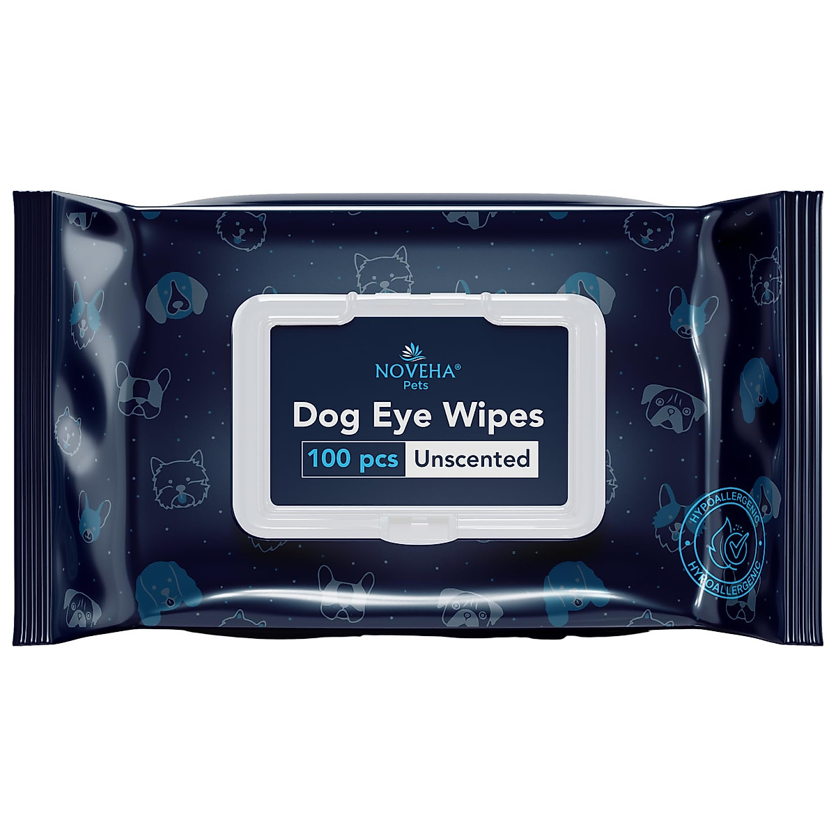 NOVEHA Dog Eye Wipes - Plant-Based Eye Wipes for Dogs - Formulated to Remove Eye Debris, Tear Stains & Eye Discharge - Safe, Convenient, and Large Unscented Wipes (100 Counts, Single Packaging)