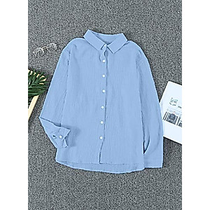 Astylish Women V Neck Solid Roll Up Sleeve Collared Shirts Blouses Summer Linen Tops for Teen Girls Blue Large