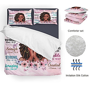 TRENDYNEST Kids Comforter Sets Queen Size, Prayer Girl and African American Girl Inspirational Quotes with Floral Butterfly, Teens Bedding Sets for Girls Women (Queen, Pink White)