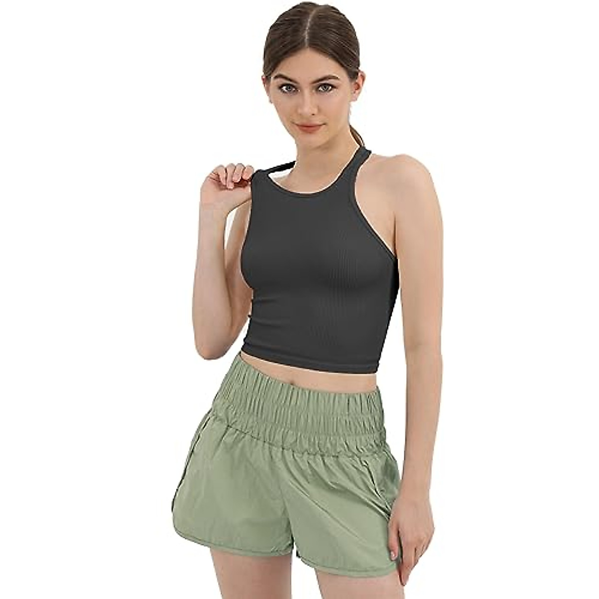 ODODOS Women's 2 Pack Seamless Tank Tops Racerback Ribbed Sleeveless Crop Top, Black Charcoal, X-Small/Small