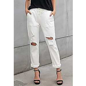 Metietila Women’s Casual Pull-on Distressed Stretch Jean Elastic Waist White Jeans Denim Joggers Pants for Women Medium