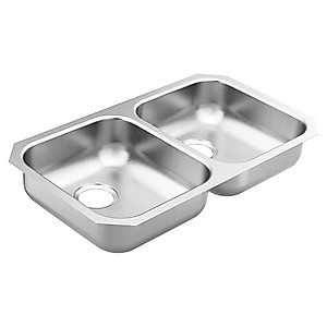 Moen GS18215B 1800 Series 31.75-inch 18 Gauge Undermount Double Bowl Stainless Steel Kitchen Sink Rear Drain, Satin Stainless