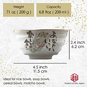 MIno Yaki(Ware) Handmade Japanese Rice Bowls Japanese Poem Rabbit, Set of 2, 4.5 inch