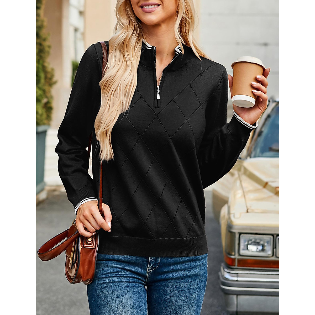 JACK SMITH Black Sweater Women Knit Fall Long Sleeve Argyle Pullover Quarter Zip Ribbed Polo Lightweight V Neck Top L