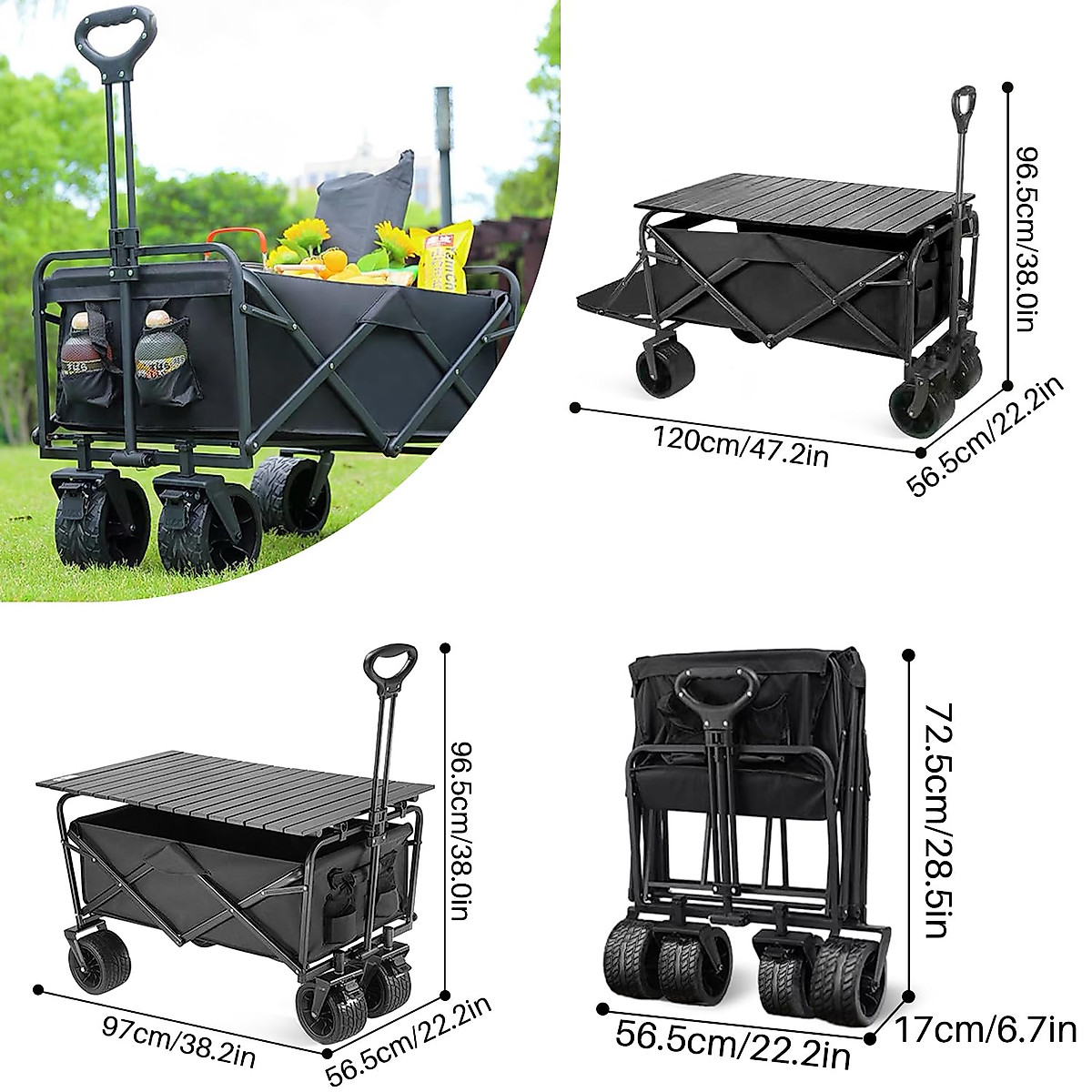 Collapsible Beach Cart with Table, Foldable Wagon for Camping, Shopping, Sports, Gardening, and Fishing - Portable Folding Wagon Cart Large Capacity Extended Trailer
