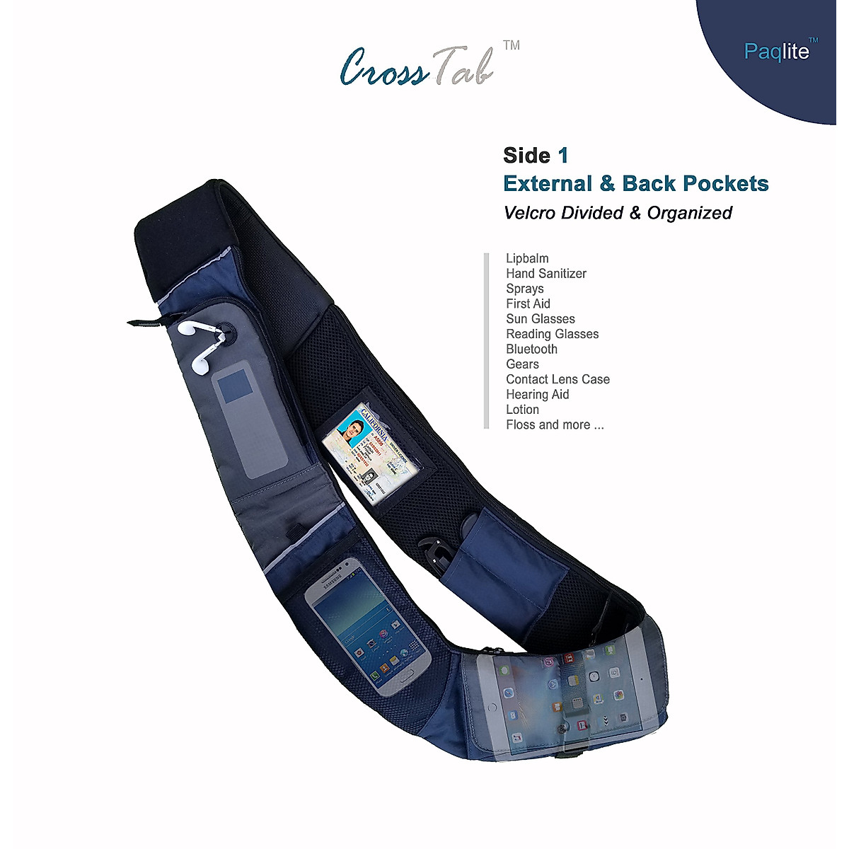 CrossTab - TABLET Hands-Free Ultra-Light Personal Pack by Paqlite - Carryall CrossBody Shoulder bag (Large, Blue)