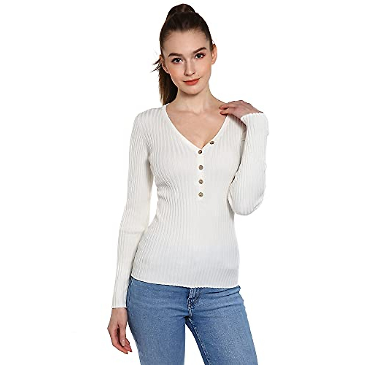 AmélieBoutik Women V Neck Henley Long Sleeve Pullover Ribbed Sweater (Ivory Large)