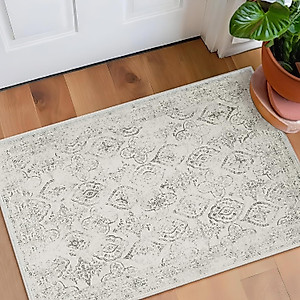 Topllen Washable Vintage Rug for Entryway, 2x3 Area Rugs for Bedroom Non-Slip Soft Office Rug Bathroom Mat, Capet for Laundry Room, Ivory Gray