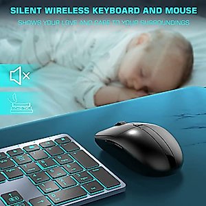 Wireless Keyboard and Mouse Combo Rechargeable, Full Size Wireless Keyboard with Backlit, 2.4G Silent USB Wireless Keyboard Mouse Combo [with USB C Adapter] for Windows, Mac OS Desktop/Laptop/PC