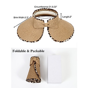 LA CARRIE Wide Brim UV Protection Sun Hats for Women with Leopard Trim Straw Roll Up Beach Visor Hat UPF 50+(Khaki with Leopard)