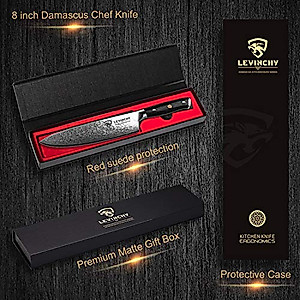 LEVINCHY 8 inch Damascus Chef Knife with Black Premium G10 Handle, Professional Damascus Stainless Steel Knife, Ergonomic, Superb Edge Retention, Stain & Corrosion Resistant