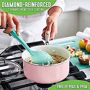 GreenLife Artisan Healthy Ceramic Nonstick, 1QT and 2QT Saucepan Pot Set with Lids, Stainless Steel Handle, Induction, PFAS-Free, Dishwasher Safe, Oven Safe, Pink