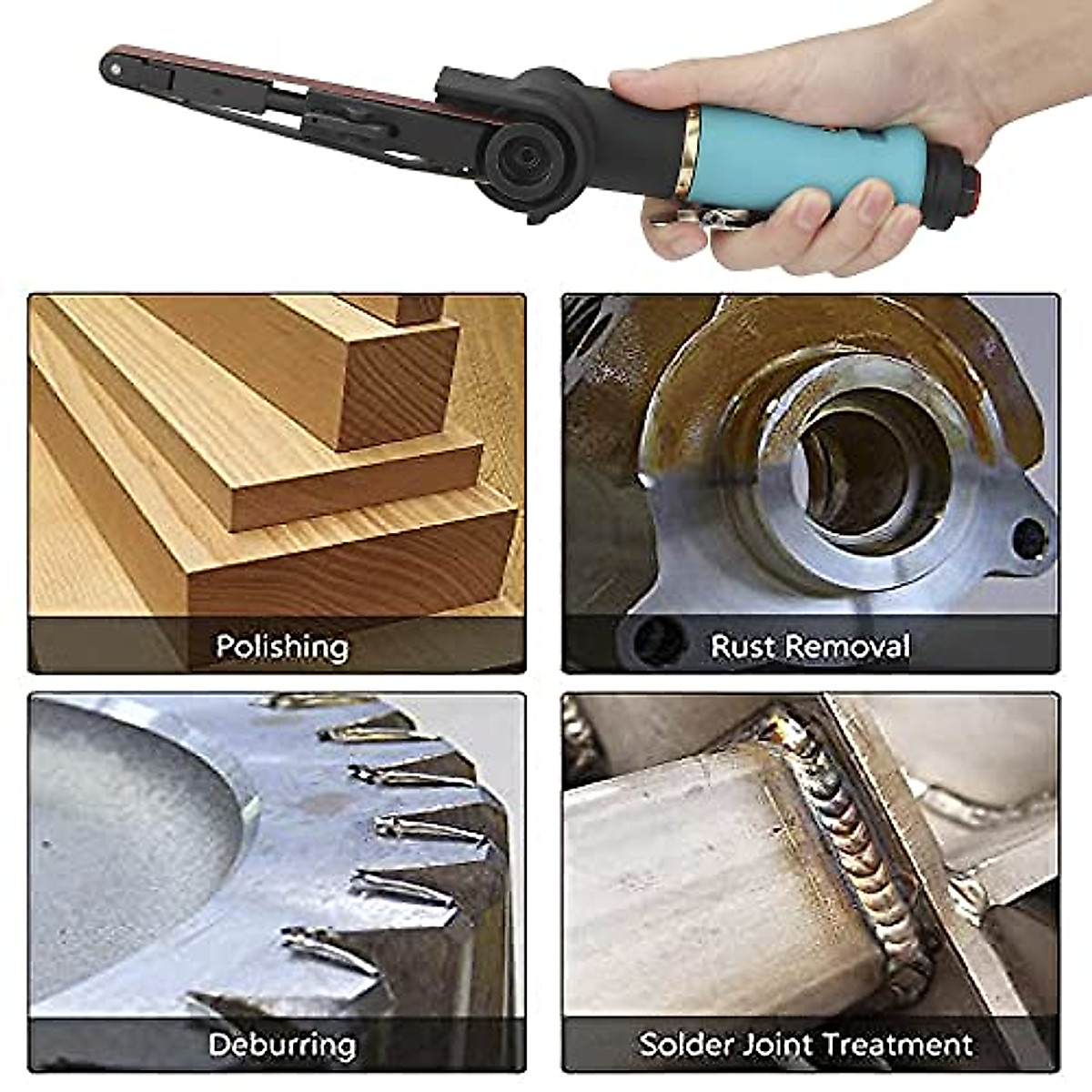 SI FANG Intensive Air Belt Sander 3/8''x 13'' with 16Pcs Sanding Belts (Grit 40 60 80 120 each 4pc), Mini Pneumatic Tool for Metal, Wood, Plastics, Rubber, Providing Polishing, Stripping & Sanding