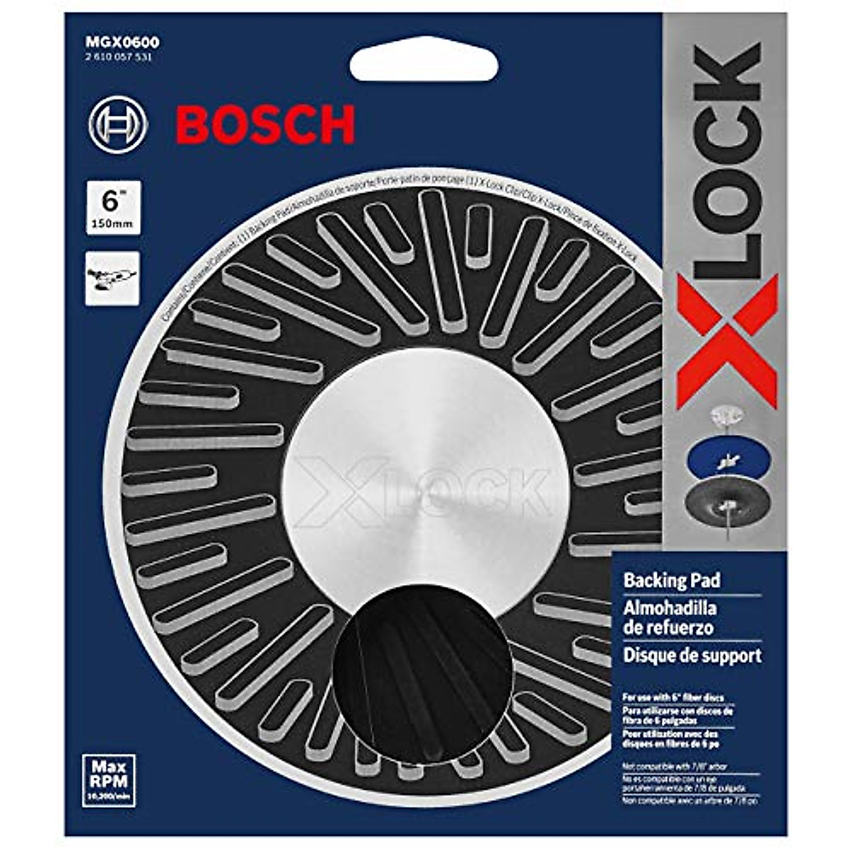 BOSCH MGX0600 6 In. X-LOCK Backing Pad with X-LOCK Clip - Medium Hardness, Use with Fiber Discs, for Applications in Metal Surface Finishing, Weld Blending, Rust Removal