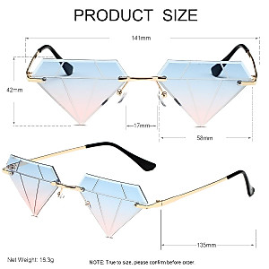 JOVAKIT Triangle Diamond Shaped Sunglasses for Women Men Vintage Rimless Sun Glasses Retro Rave Party Halloween Eyeglasses (Gold/Blue&Pink)
