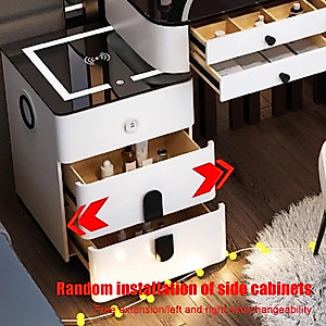 Topjia Makeup Vanity Set with Wireless Charging Station & Bluetooth Speaker, 6 Drawers Cute Smart Makeup Mirror Vanity Desk Chair,Large Capacity Movable Side Cabinet Makeup Vanity for Bedroom
