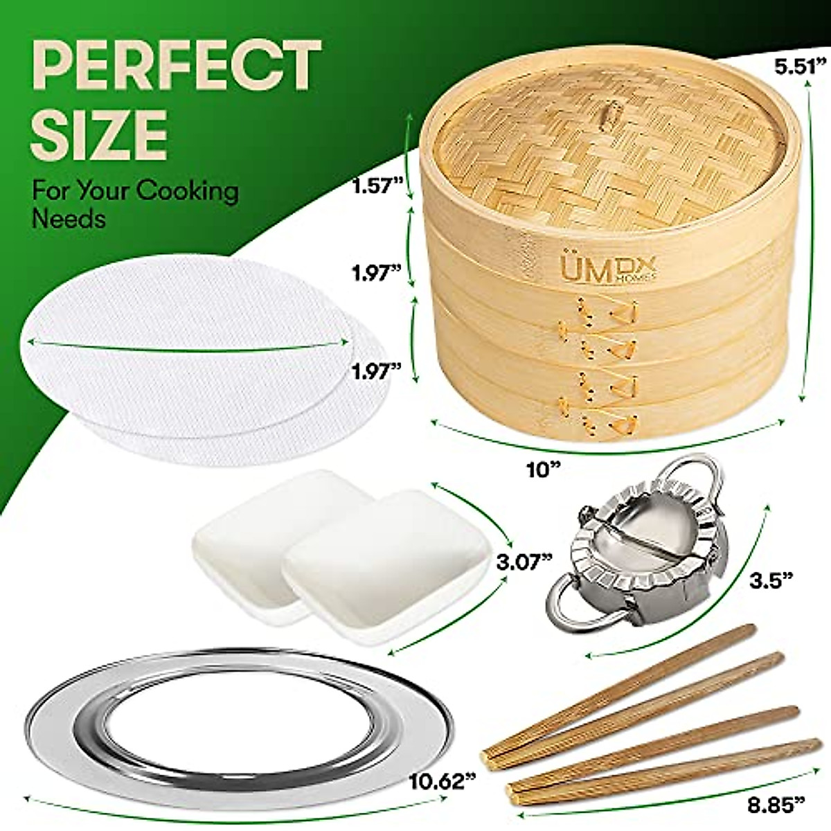 ÜM Homes 10 Inch Bamboo Steamer Basket, 2 Tier Basket Cooking Dumplings, Vegetable, Steamer Dim Sum, 2 Pairs of Chopsticks, 2 Sauce Trays, 2 Reusable Silicone Liners, 1 Steaming Ring, 1 Dumpling Maker