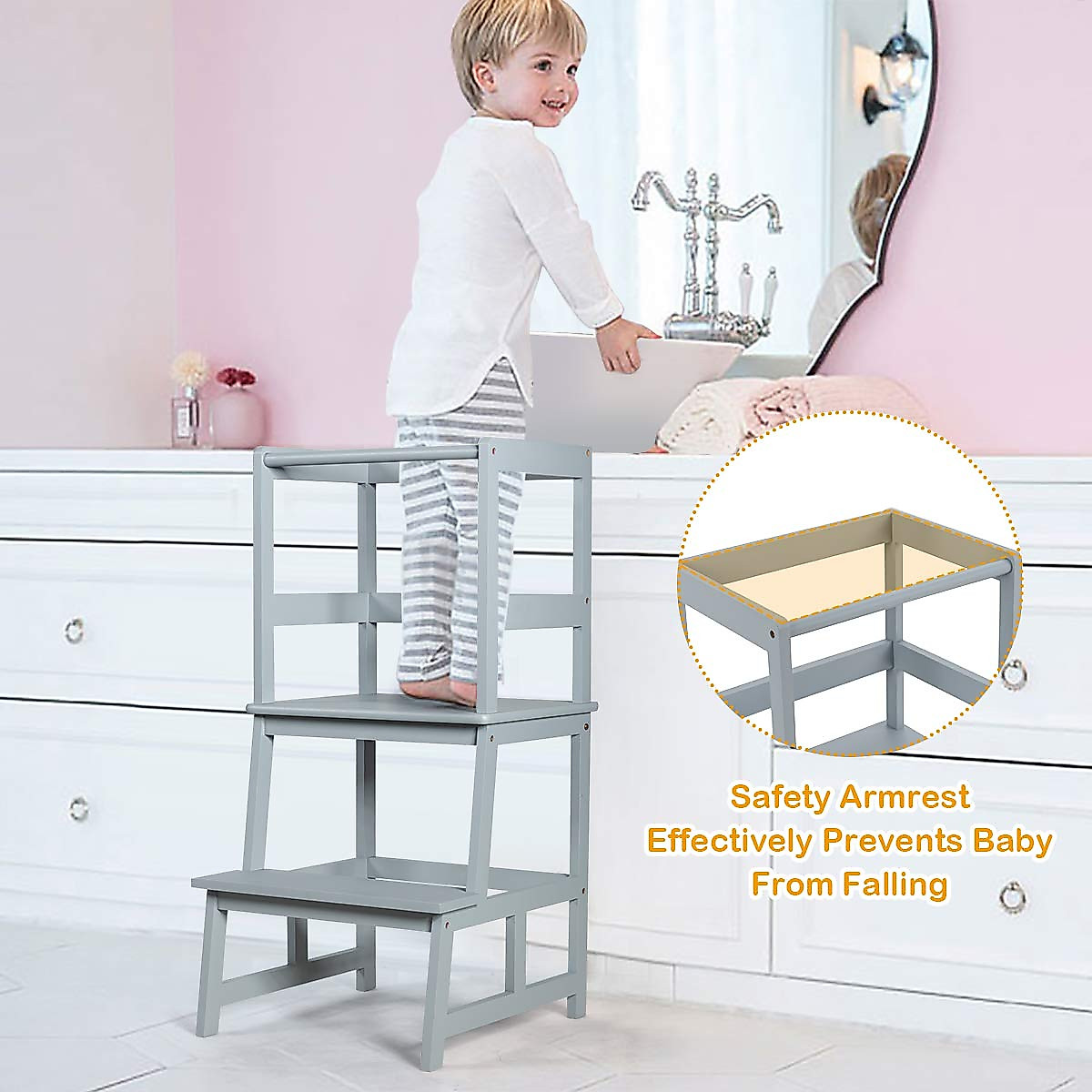 Costzon Kids Kitchen Step Stool with Safety Rail, Toddler Kitchen Stool w/Solid Bamboo Construction, Child Stand Helper for Kitchen Bathroom Living Room, Perfect for Toddler from 18-36 Months (Grey)