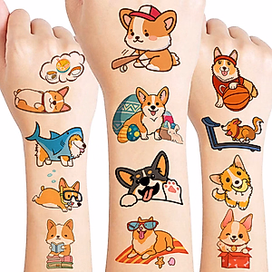 8 Sheet (96Pcs) Corgi Temporary tattoos for Kids, Pet Dog Birthday Party Decorations Favors Supplies Super Cute Tattoos Sticker Gifts for Boys Girls Baby Shower Prizes Rewards Christmas