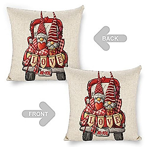 Love Gnomes Truck Throw Pillow Covers 18×18 Pillowcases Set of 2 Valentine's Day Cute Linen Decorative Square Pillow Case Cushion Covers Standard Size for Sofa Couch Outdoor Bed Pillow Protectors