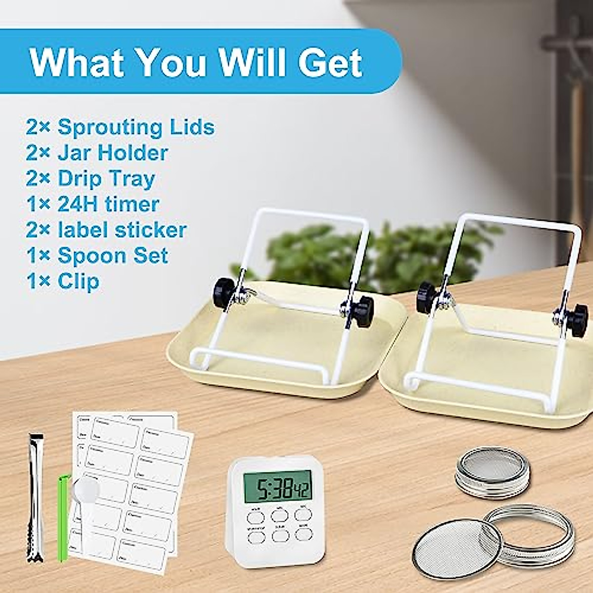 Sprouting Kit, 2 Stainless Steel Sprouting Lids for Regular and Wide Mouth Mason Jars, Sprouts Growing Kit with Timer, 2 Tray, Sprouting Jar Stand for Bean Sprout, Alfalfa, Broccoli (Not Include Jar)