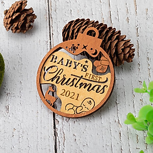 Creawoo Baby’s First Christmas 2021 Ornament, Wooden Christmas Tree Ornaments, Family Holiday 1st Xmas Keepsake Gift for New Born Baby Boys, Girls and New Parents with Hollowed Design