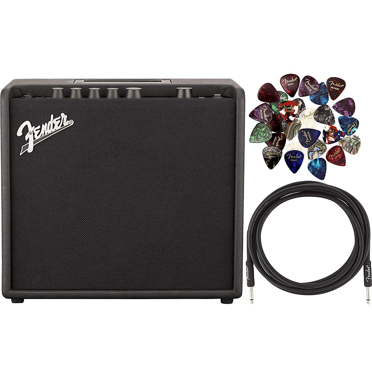Fender Mustang LT25 Guitar Combo Amplifier Bundle with Instrument Cable and Picks
