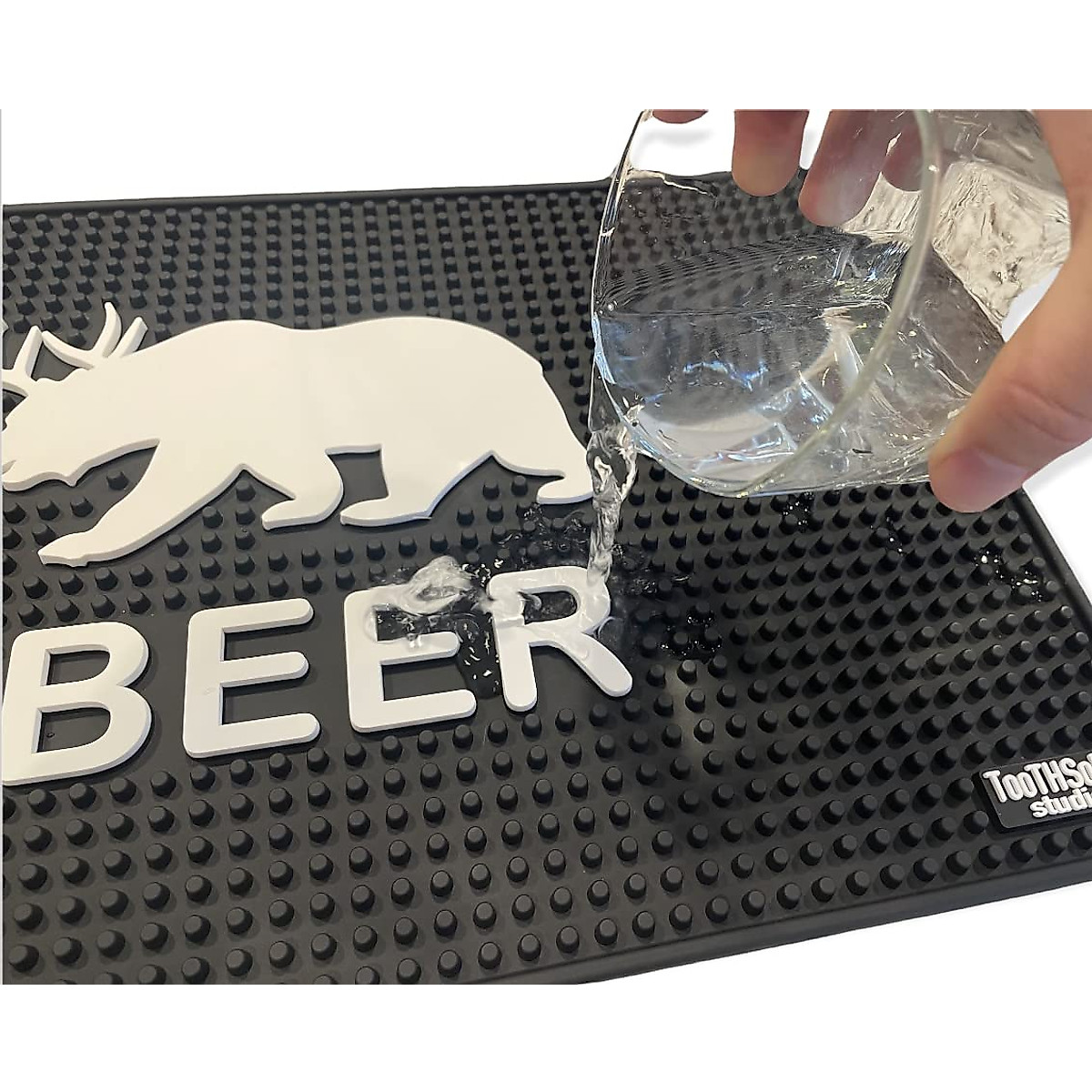 Beer Bear With Deer Antlers 17.7" x 11.8" Funny Bar Spill Mat Rail Countertop Accessory Home Pub Decor Slip Resistant Durable Thick Bar Covering for Craft Brewery Kitchen Cafe and Restaurant Accessory