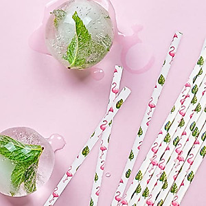 Whaline 100Pcs Summer Paper Straws Flamingo Tropical Leaves Disposable Paper Straws Hawaii Theme Decorative Straws for Summer Party Baby Shower Supplies Juices Shakes Cocktail Decoration