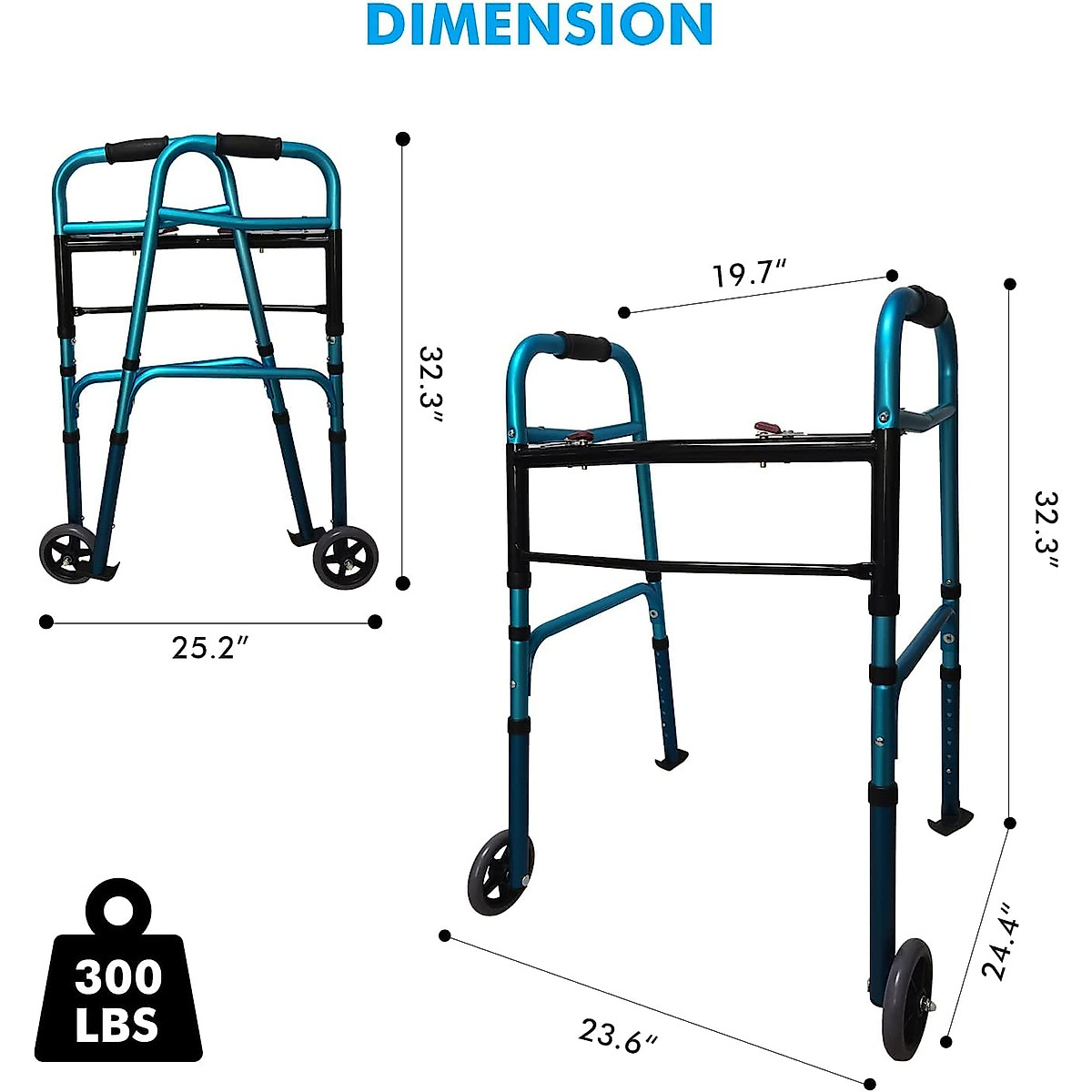 UNLICON- Mobility Heavy Duty Folding Walker for Seniors，Bariatric Walker with 5 Inches Wheels for Seniors Wide Walker Supports up to 300 lbs