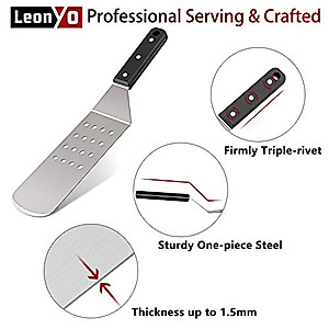 Griddle Accessories Set of 5, Leonyo Stainless Steel Grill Griddle Tool Set- Metal Spatula for Flat Top Hibachi Teppanyaki Kitchen Cooking, Riveted Grip, Dishwasher Safe, S Hooks, Indoor Outdoor