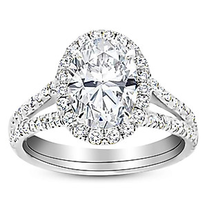 1 Carat 14K White Gold Split Shank Oval Cut Diamond Engagement Ring (0.5 Ct I Color SI1 Clarity Center Stone)