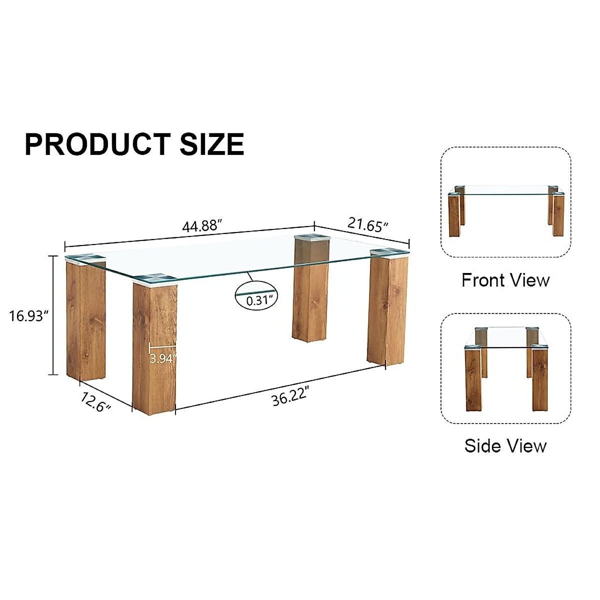 CIATRE Glass Coffee Table, Modern Tempered Clear Coffee Tables with Solid Wood Legs Decor for Living Room, Modern Small Glass Living Room Tables，44.9"*21.7"*16.9"