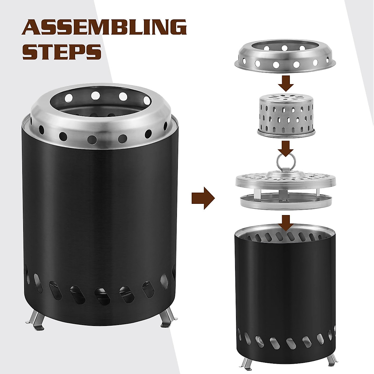 BRIAN & DANY Tabletop Solo Fire Pit with Stand, Smokeless Firepit for Outside, Stainless Steel Stove Bonfire, Fueled by Pellets or Wood, Includes Travel Bag & Fireproof Mat - 7.9 x 5.5in,Black