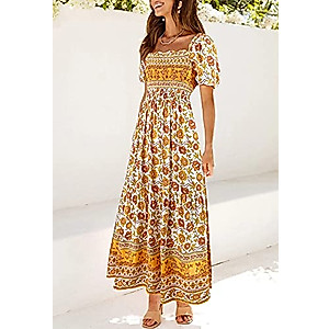 ZESICA Women's 2023 Summer Boho Floral Print Square Neck Ruffle Swing Beach Long Maxi Dress,Yellow,Medium