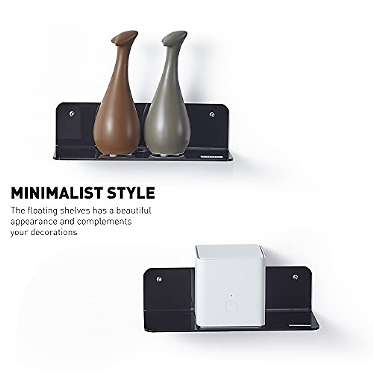 OAPRIRE Small Acrylic Floating Wall Shelves Set of 4, Flexible Use of Wall Space, 9 Inch Adhesive Display Shelf for Security Cameras/Smart Speaker/Action Figures with Cable Clips (4, Black)