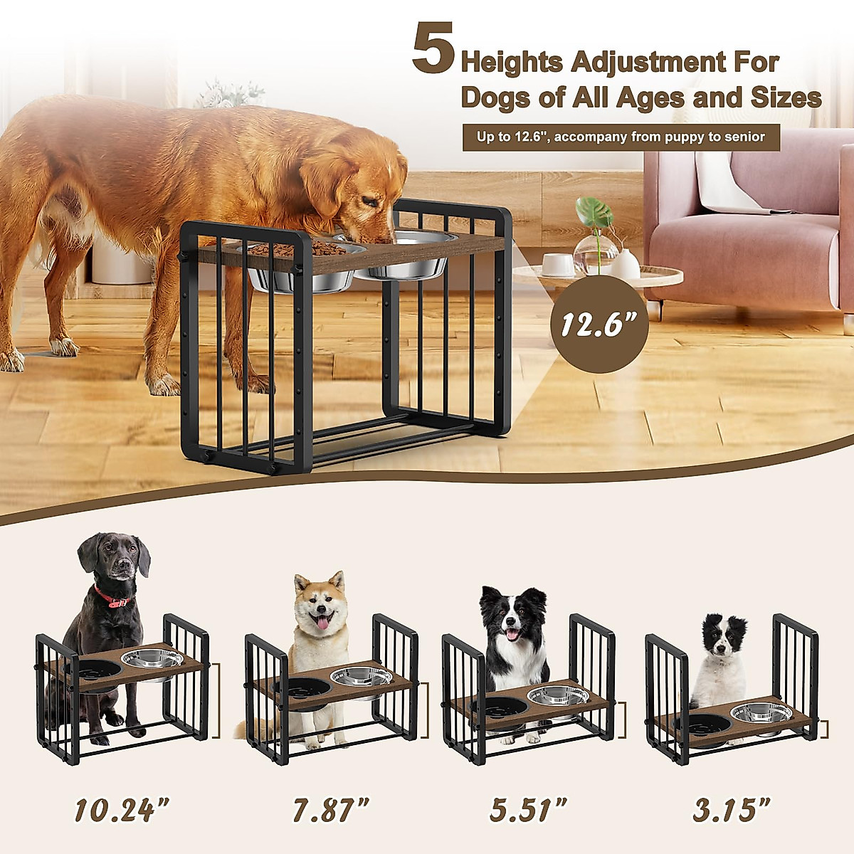 Elevated Non-Slip Metal Raised Dog Bowl Stand - 5 Height Adjustable, Slow Feeder & 2 Thick 54oz Stainless Steel Dog Food Bowls For Medium Large Dogs