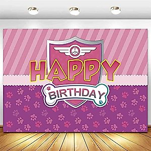 7x5ft Pink Skye Dog Patrol Birthday Backdrop Paw Print Happy Birthday Banner Decorations Background for Girls Puppy Dog Birthday Party Supplies