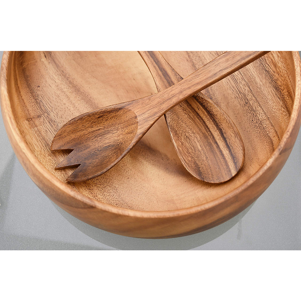 PACIFIC MERCHANTS Acacia Wood 7-Piece Round 12" x 4" Large Salad Bowl Set with Four 6" x 3" Salad Bowls and Servers