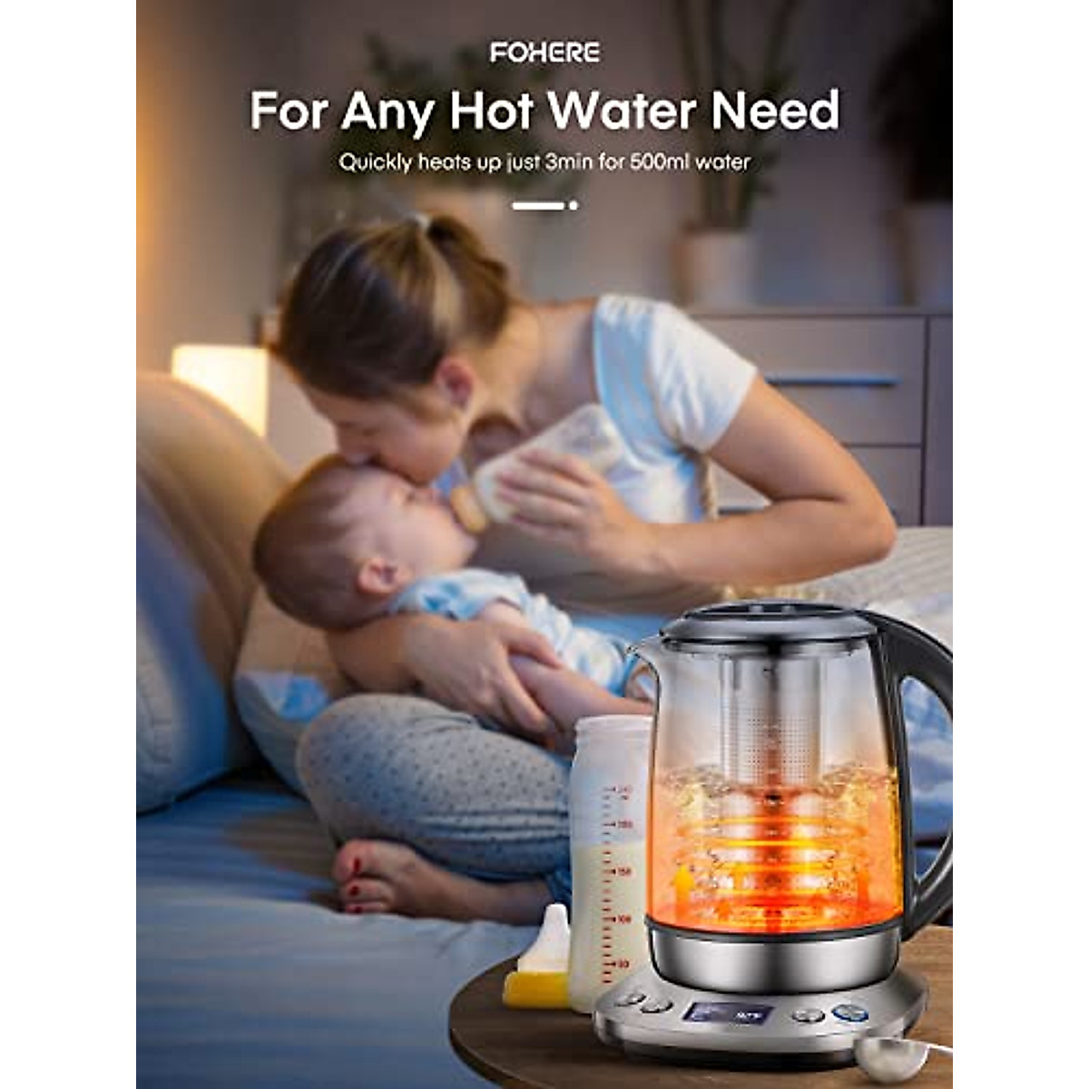 Electric Kettle with Temperature Control and Tea Infuser, FOHERE 1.7L Electric Tea Kettle, Glass and Stainless Steel Hot Tea Water Kettle, 2Hr Keep Warm, 6 Presets for Herbal, Green, Coffee, Black